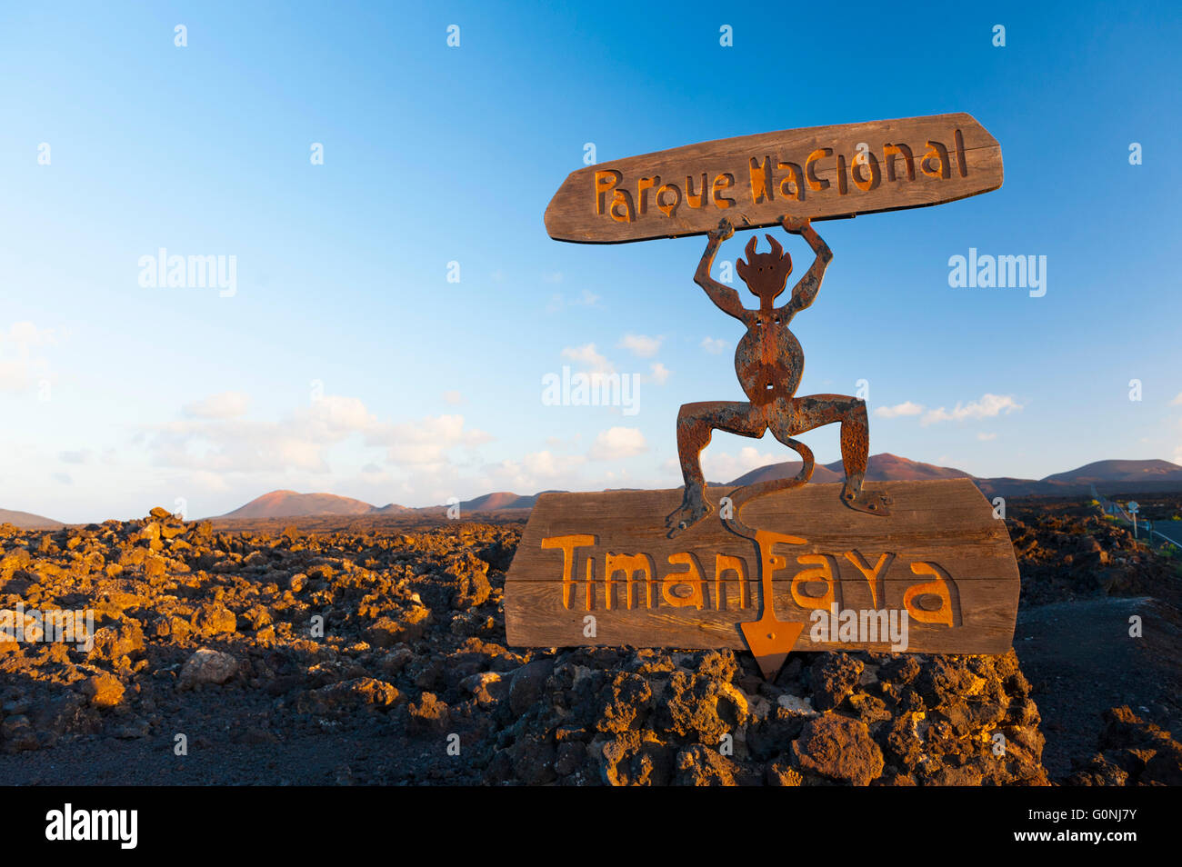 Spain, Canary islands, Lanzarote, National park of Timanfaya, devil sign at entrance Stock Photo ...