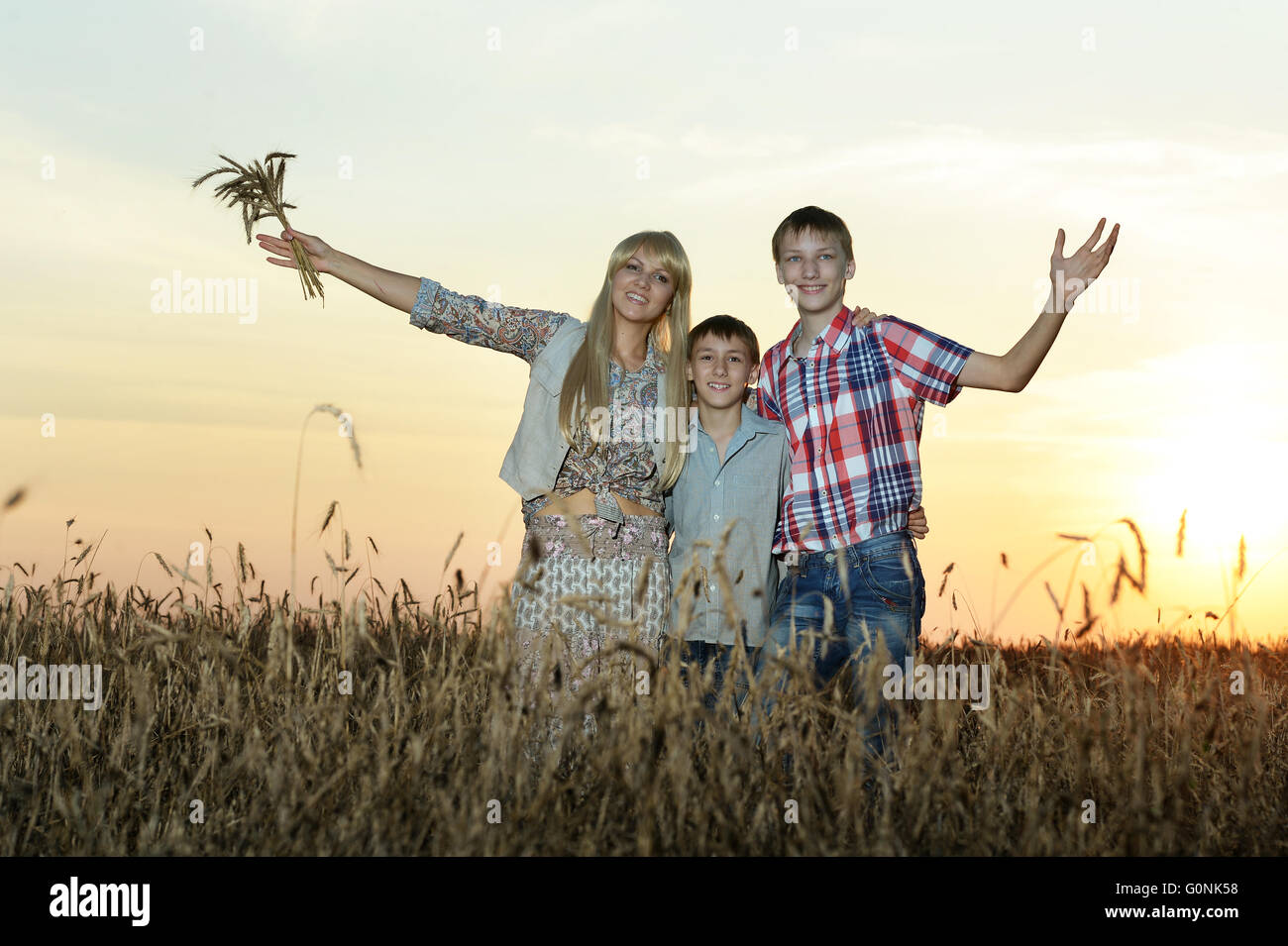 Family hugs in field in sunset Stock Photo - Alamy