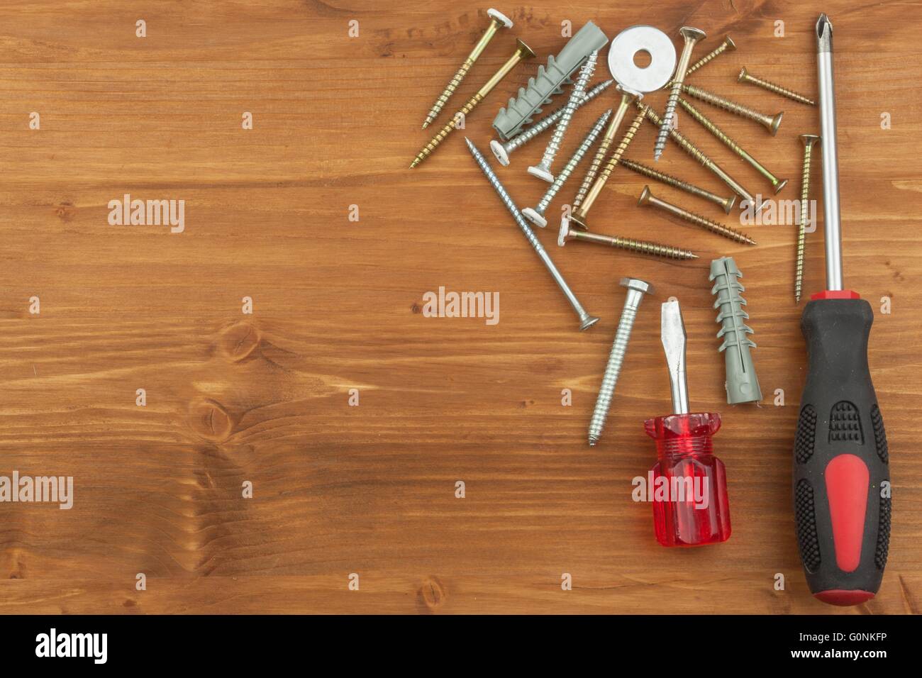 Set of tools and instruments on wooden background. Different kinds of ...