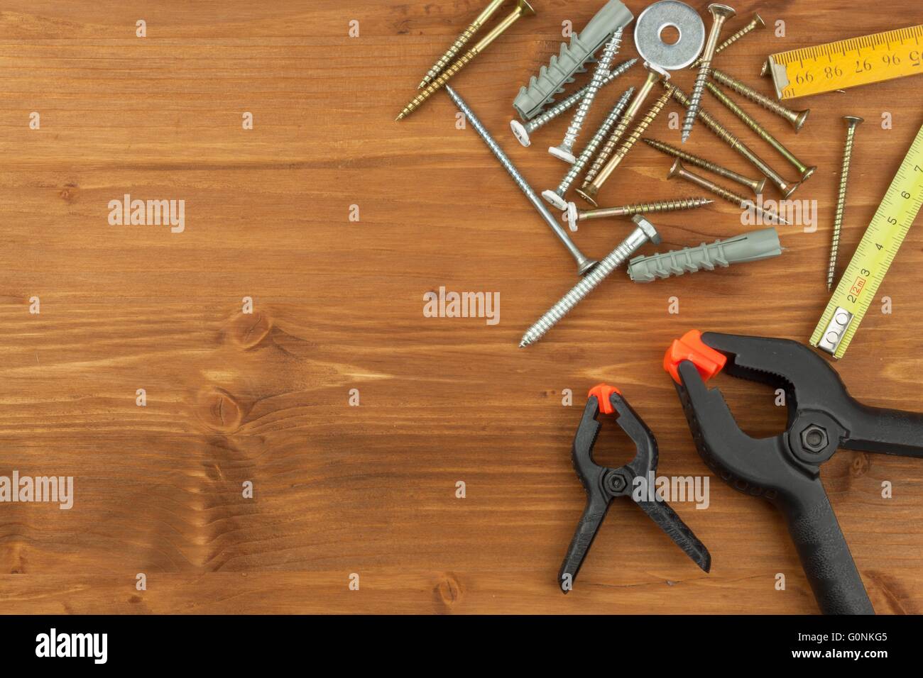 Set of tools and instruments on wooden background. Different kinds of ...