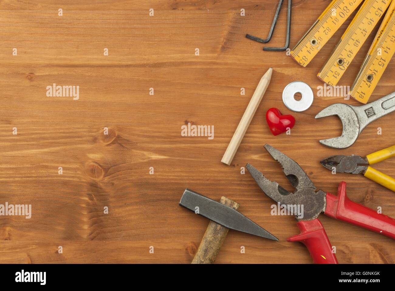Set of tools and instruments on wooden background. Different kinds of ...