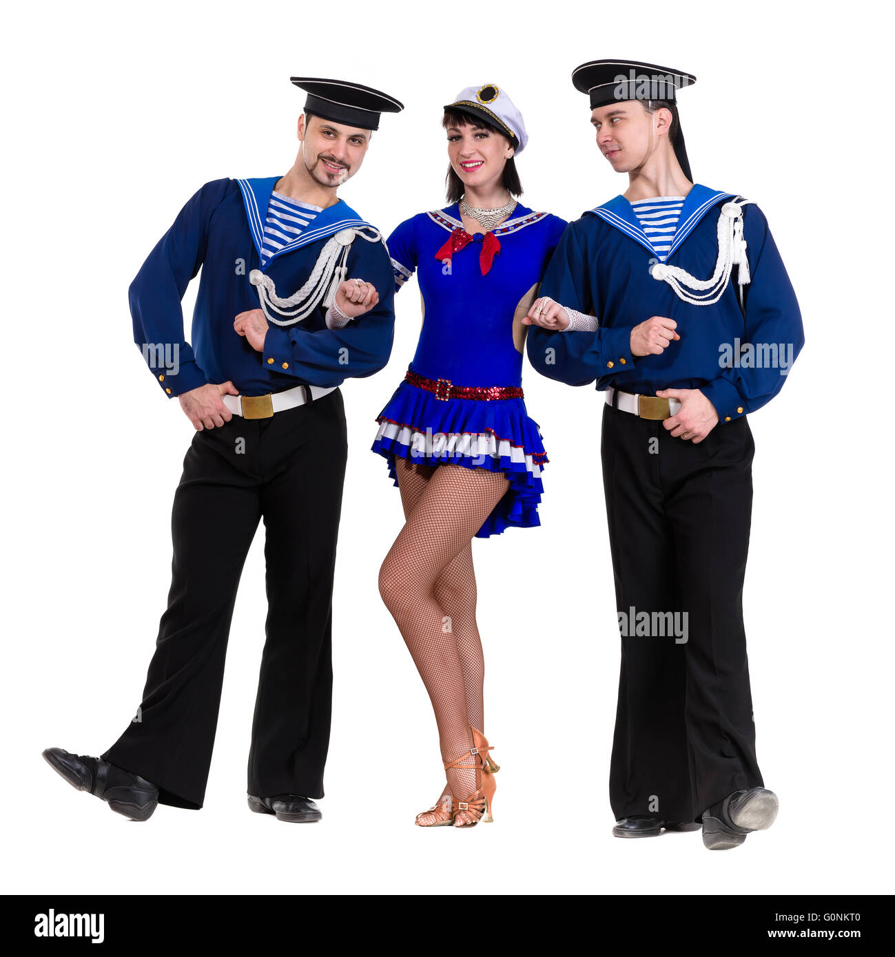dancer team dressed as a sailors posing on an isolated white background ...