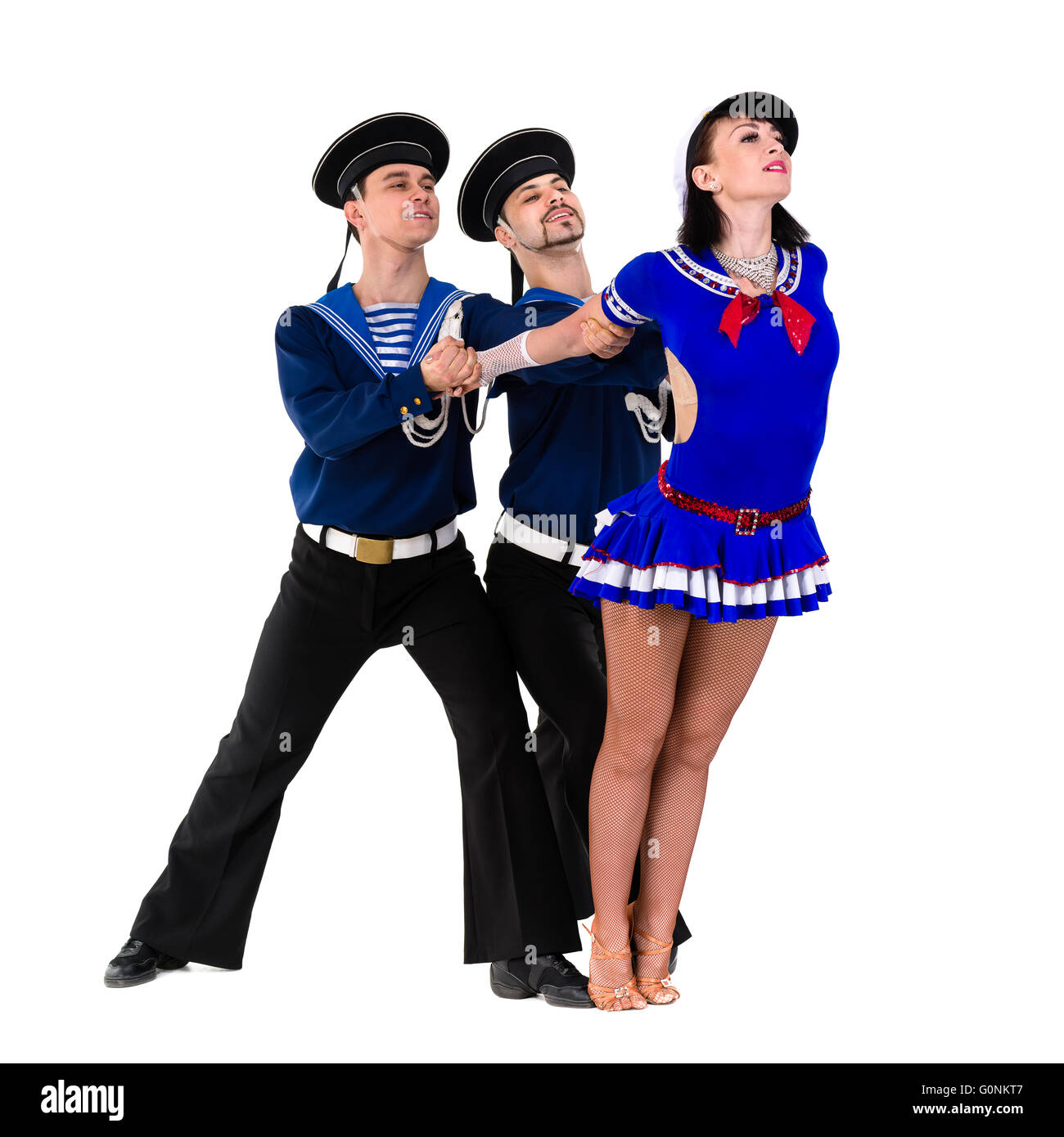 dancer team dressed as a sailors posing on an isolated white background ...