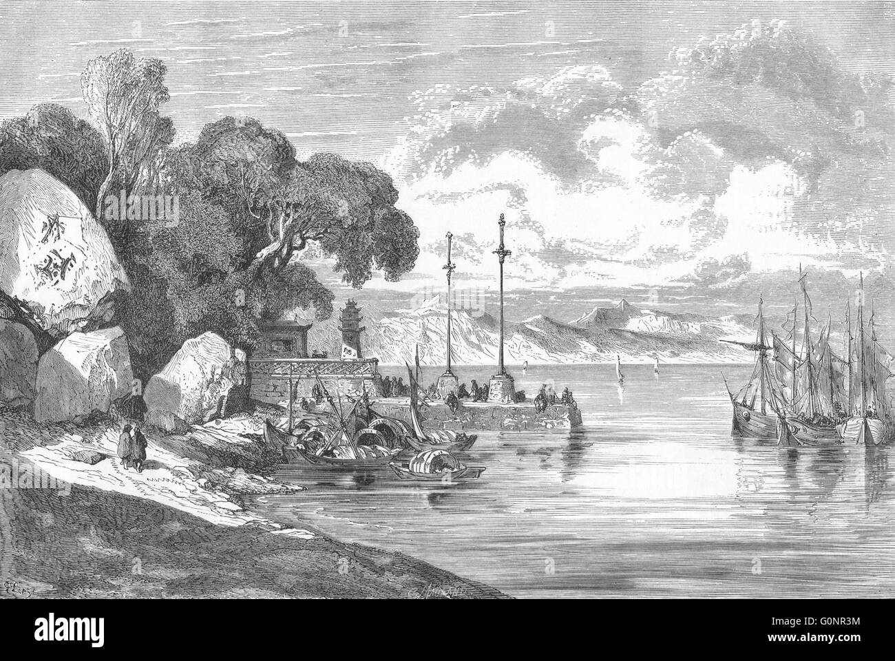 MACAO: Landing place at, antique print 1870 Stock Photo - Alamy
