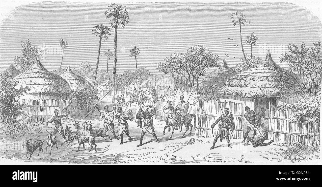 CAMEROON: Plundering a Musgu village, antique print 1870 Stock Photo ...