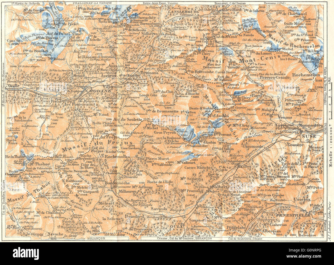 MAURIENNE: de Modane a Suse par Mont-Cenis, 1934 vintage map Stock ...