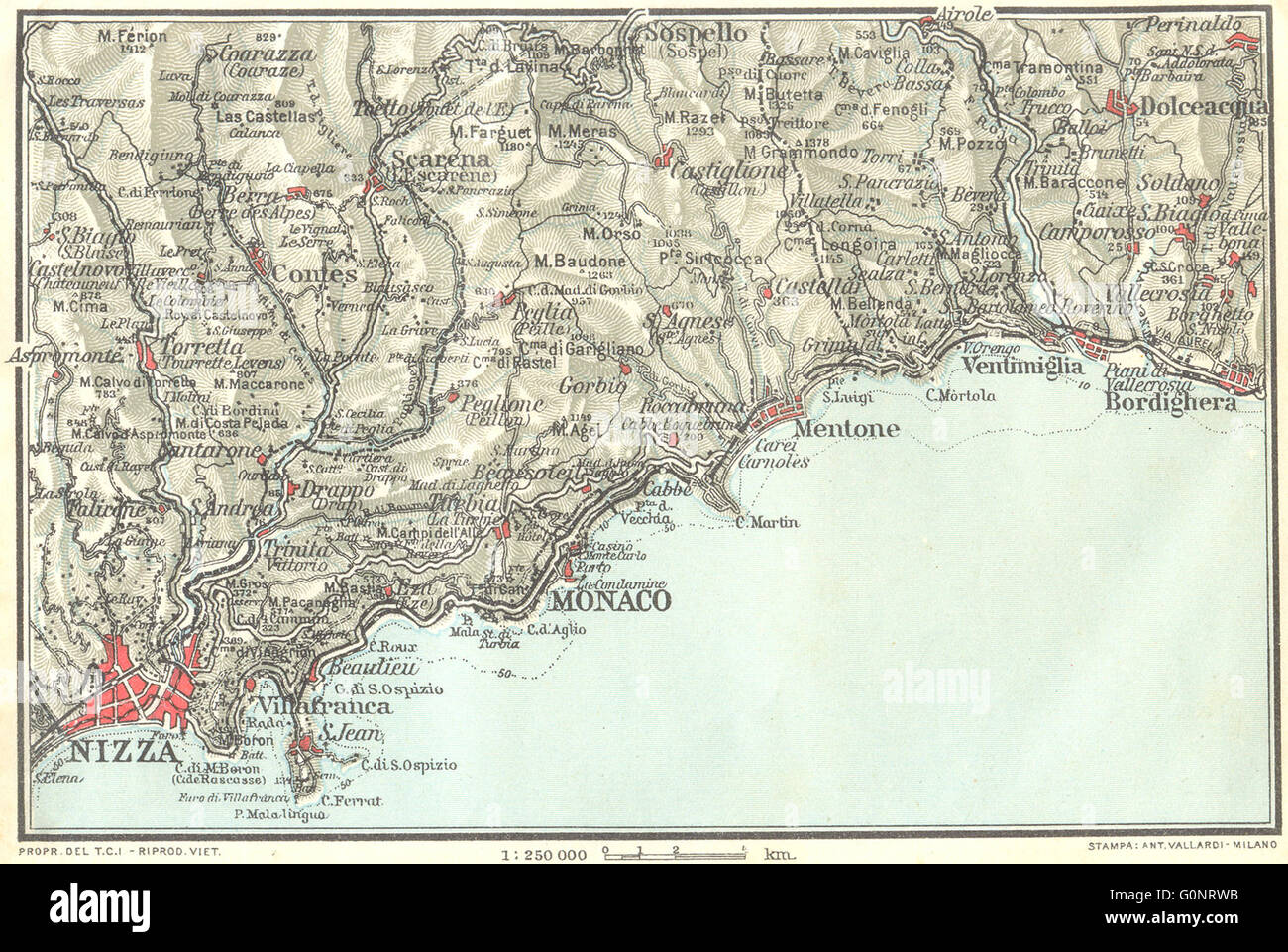 FRANCE: Nice Nizza Monaco Menton Bordighera, 1926 vintage map Stock ...