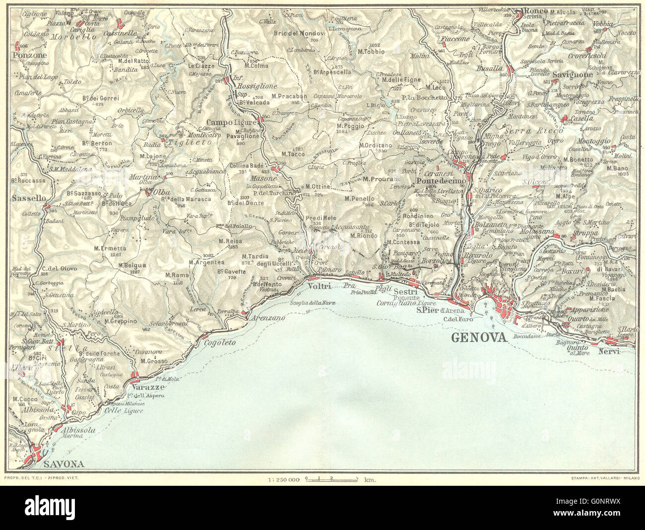 ITALY: De Savone a Genoa(Genova)a Nervi, 1926 vintage map Stock Photo ...