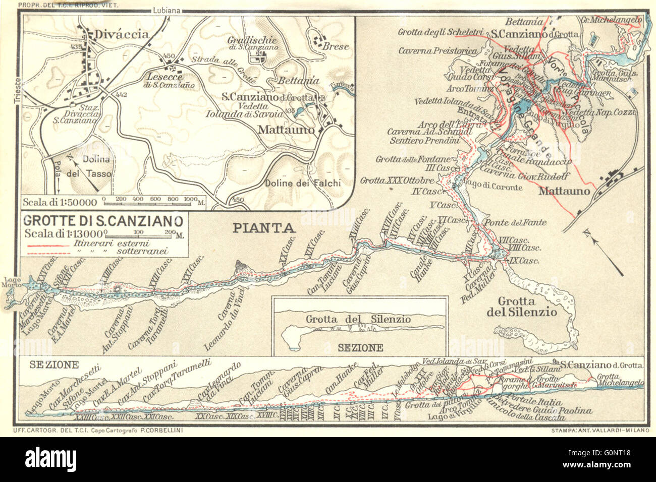 ITALY: Trieste: Grotte Di S Canziano, 1926 vintage map Stock Photo - Alamy