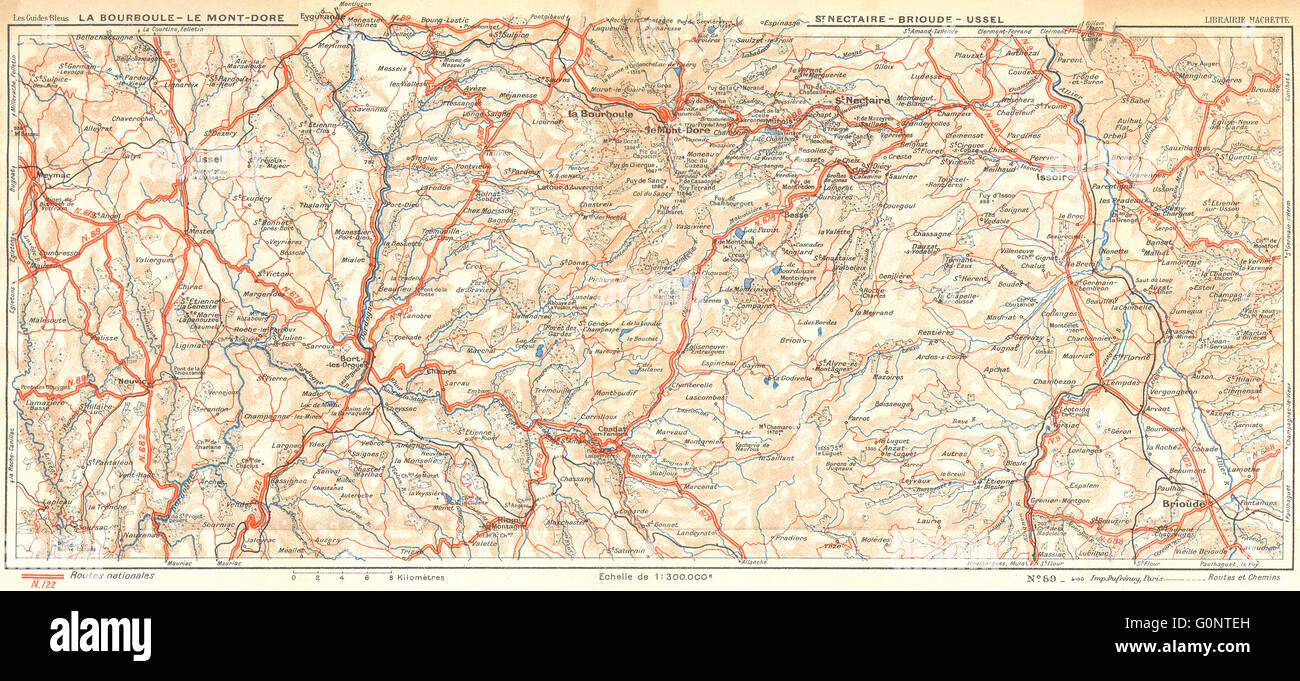 BOURBOULE: Mont-Dore; St Nectaire-Brioude-Ussel, 1935 vintage map Stock ...
