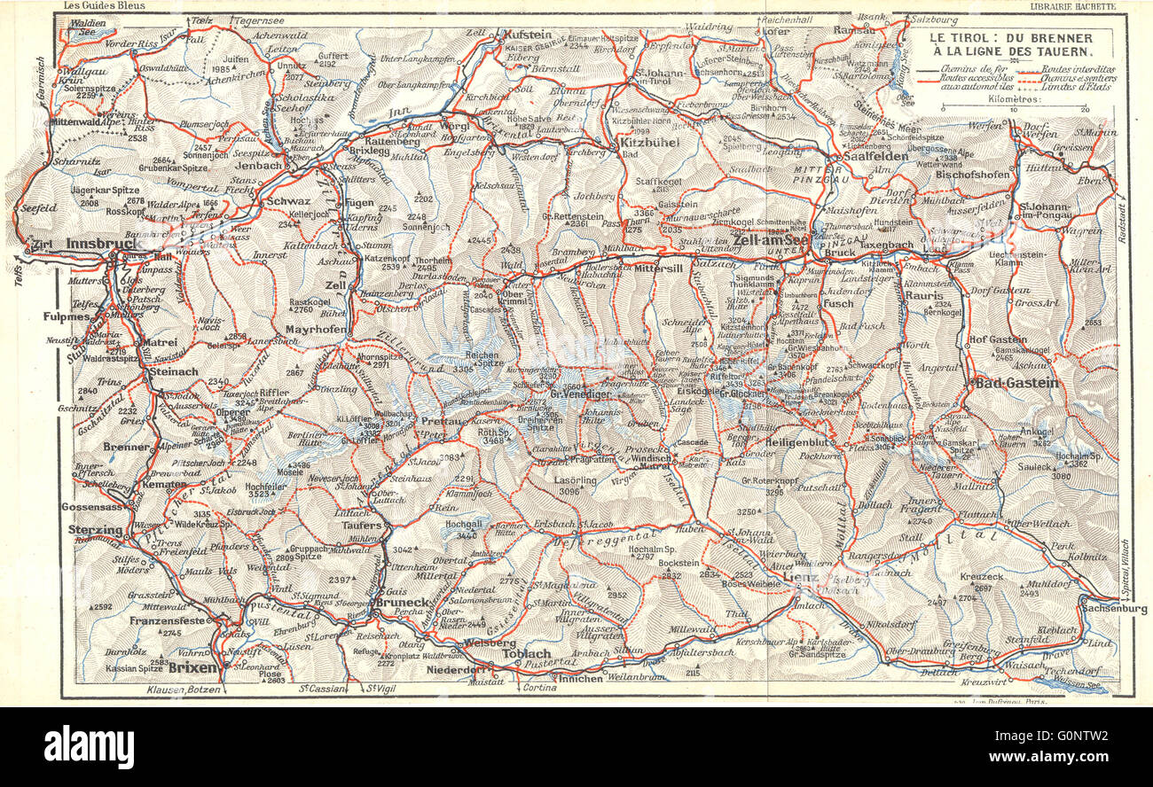 AUSTRIA: Tirol: Du Brenner a Ligne Tauern, 1914 antique map Stock Photo ...