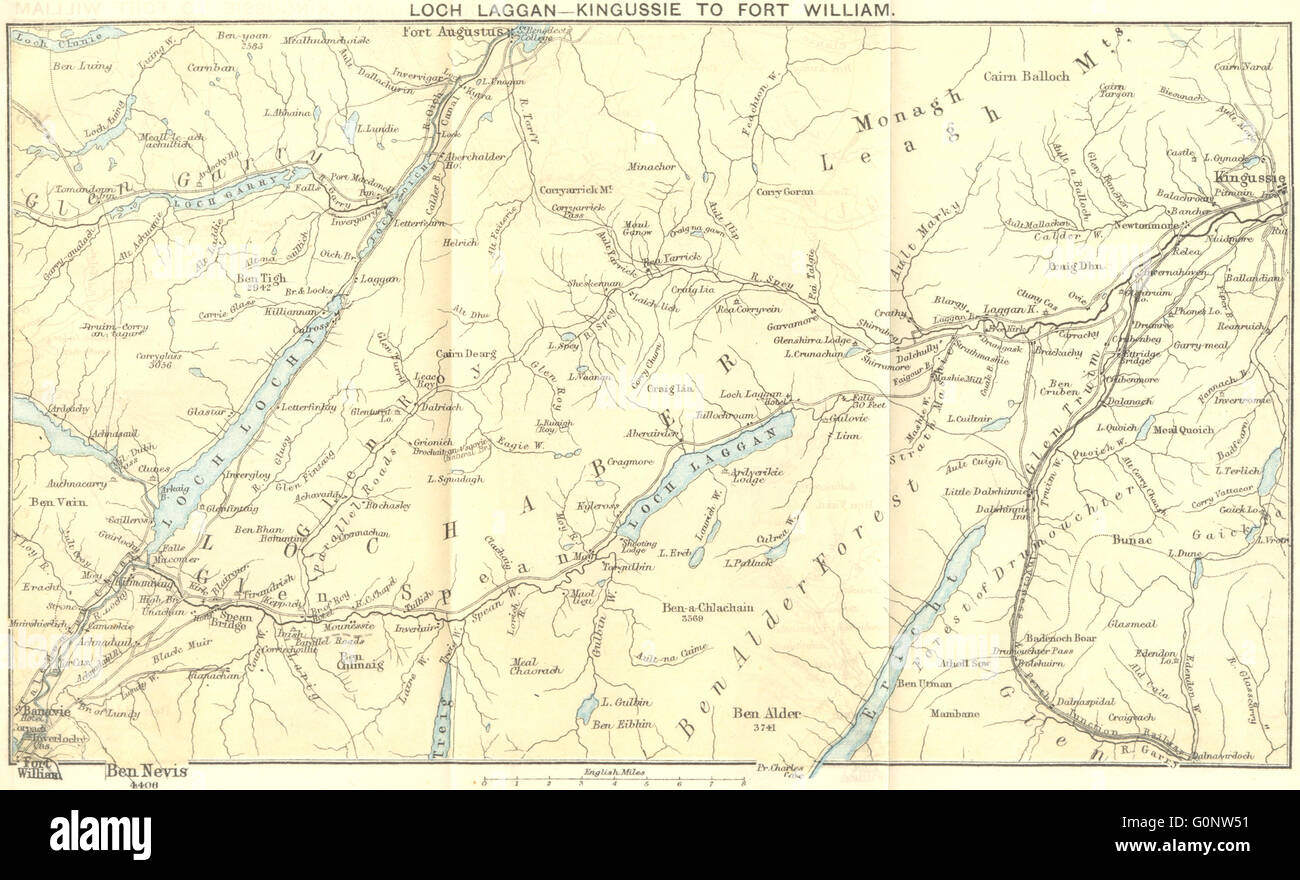 SCOTLAND: Loch Laggan-Kingussie to Fort William, 1887 antique map Stock ...
