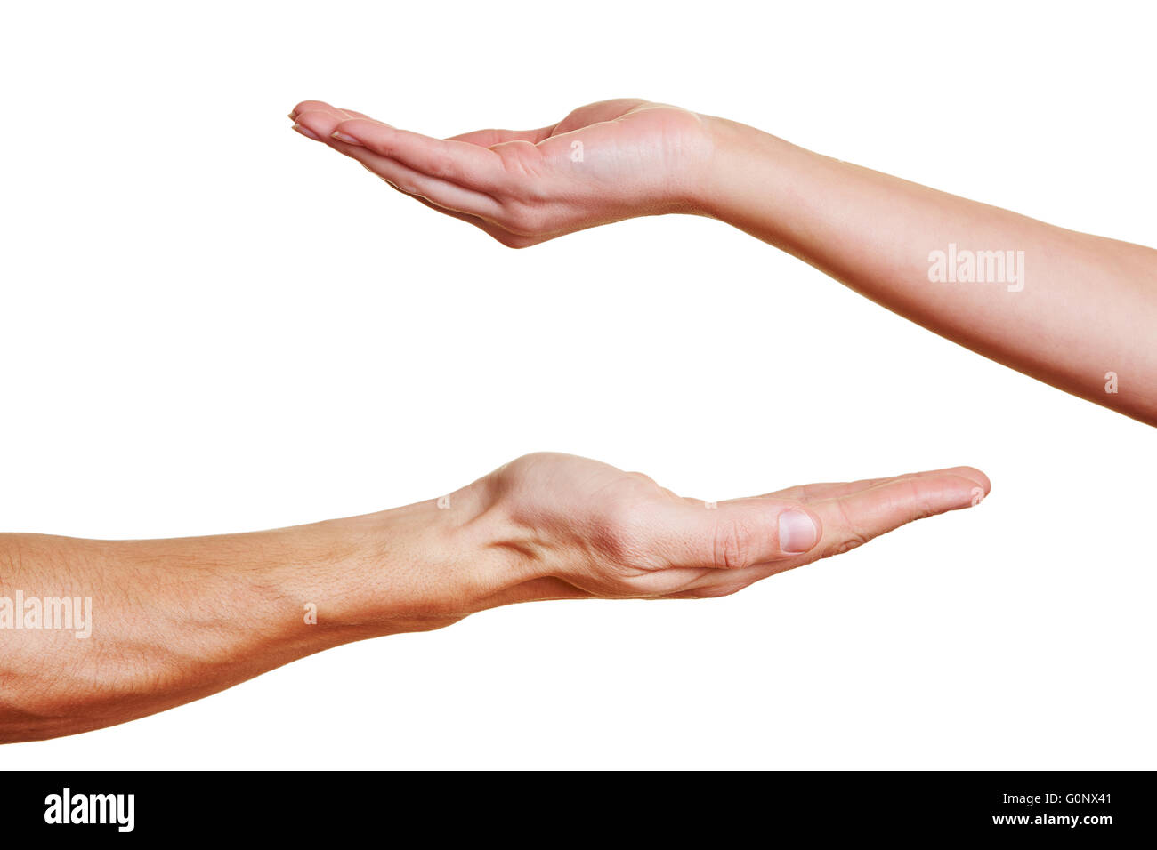 Two open palm hands asking for a donation Stock Photo - Alamy