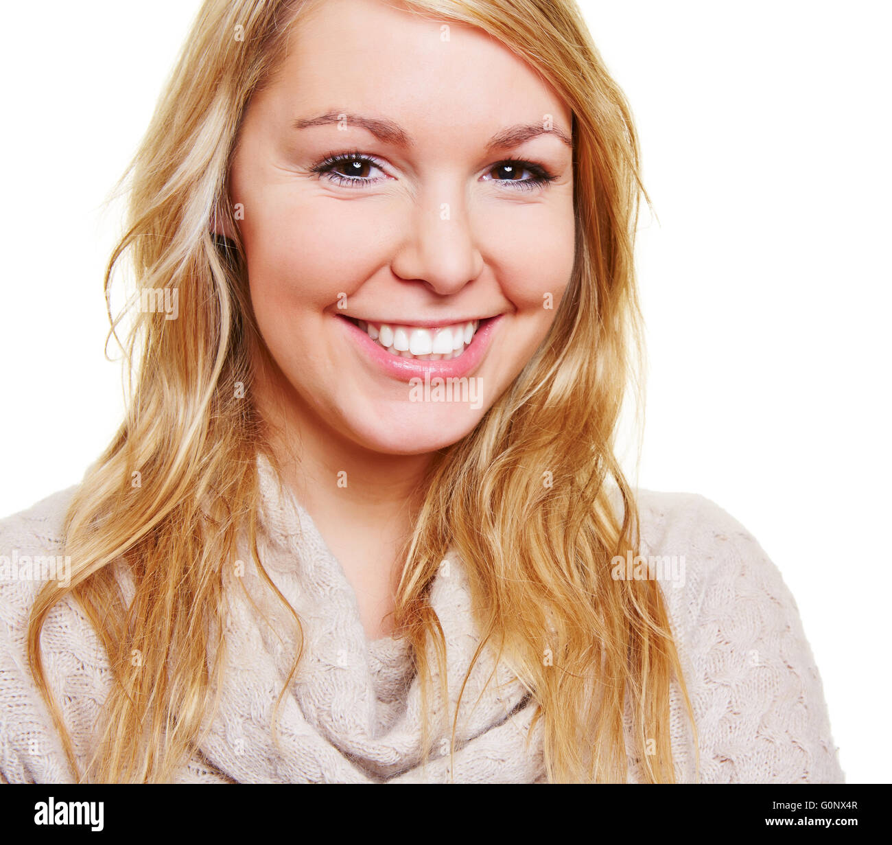 Attractive blonde young happy woman smiling into the camera Stock Photo ...