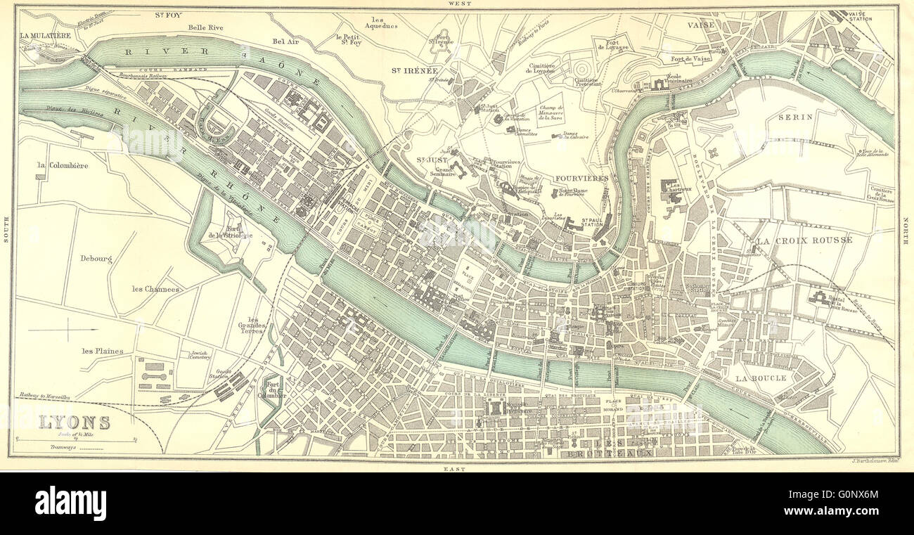 RHÔNE: Lyon Lyons general plan railway stations, 1899 antique map Stock ...