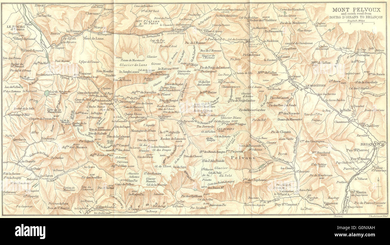 MONT PELVOUX: coach rd Bourg D'Oisans Briancon, 1899 antique map Stock ...