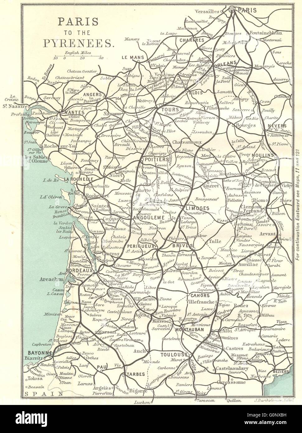 PARIS: To Pyrenees, 1909 antique map Stock Photo - Alamy