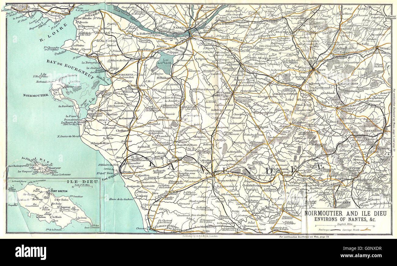 NANTES: Noirmoutier & Ile Dieu area of, 1909 antique map Stock Photo ...