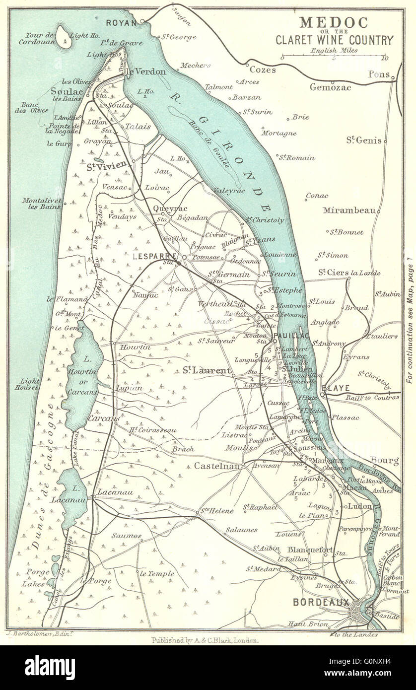 GIRONDE: Medoc Claret Wine Country Bordeaux, 1909 antique map Stock ...