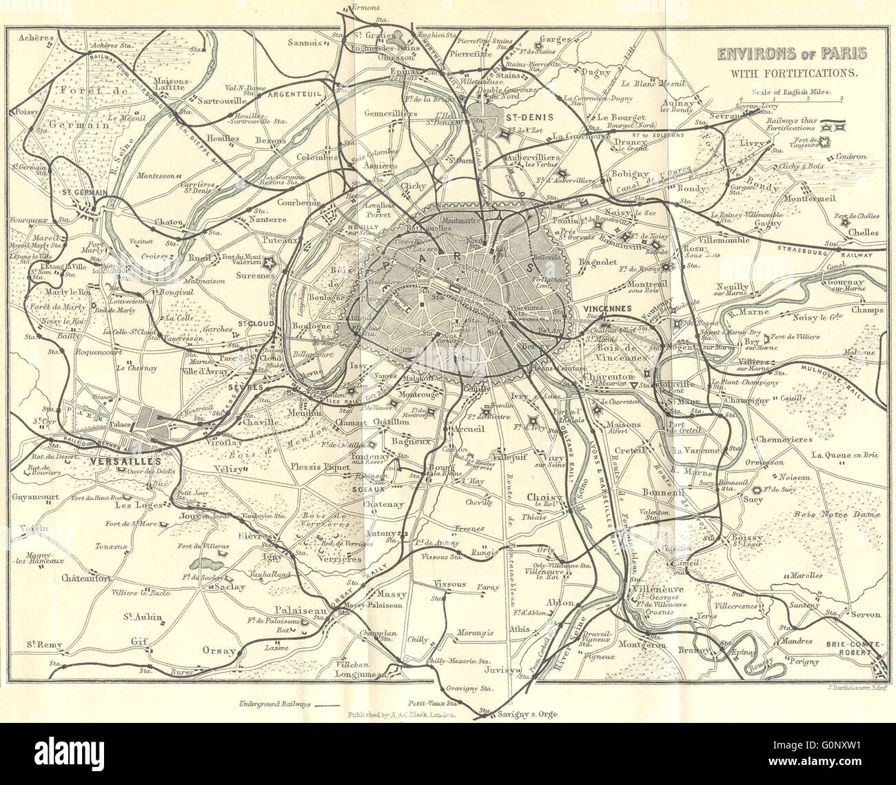 Environs of Paris. Fortifications & railways, 1914 antique map Stock ...