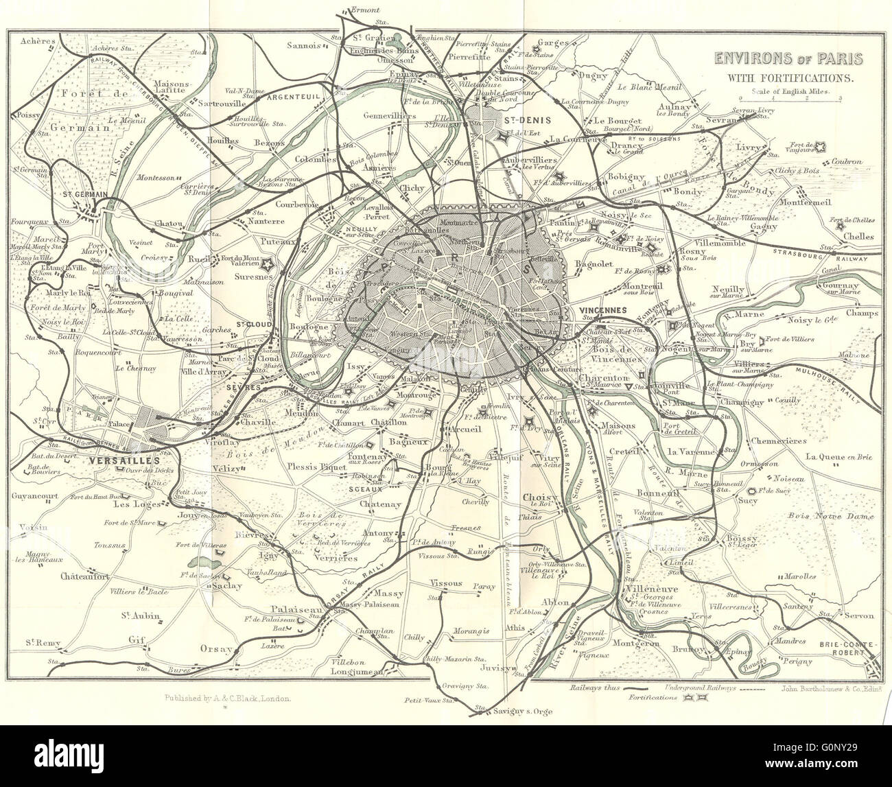 PARIS: Environs fortifications; Ile de France, 1913 antique map Stock ...