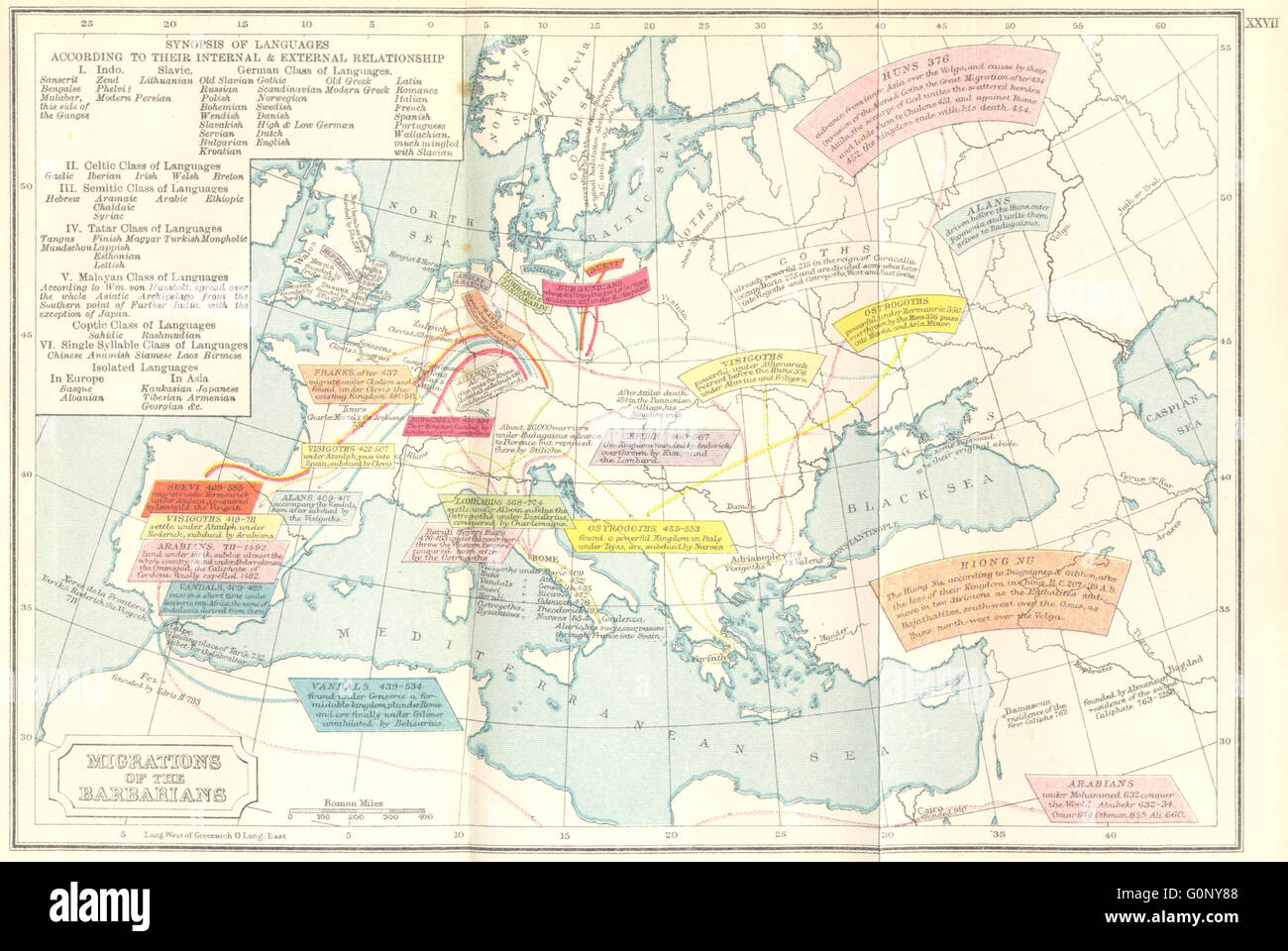 WORLD: Migrations of Barbarians, 1908 antique map Stock Photo - Alamy