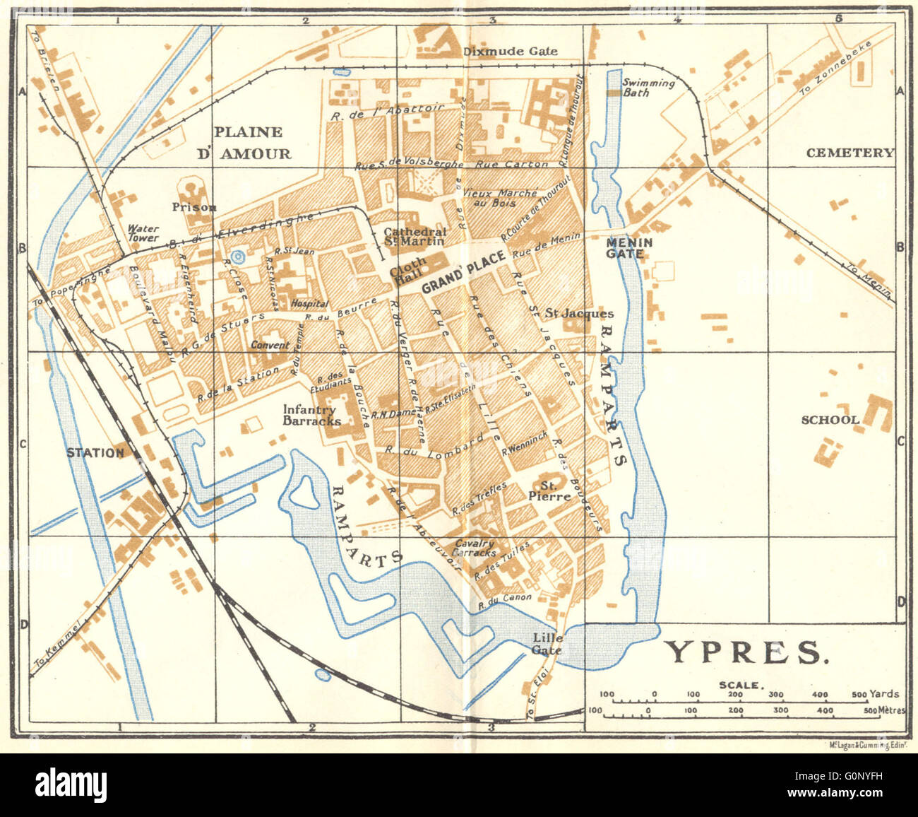 BELGIUM: Ypres. Town city ville plan carte map, 1924 Stock Photo - Alamy