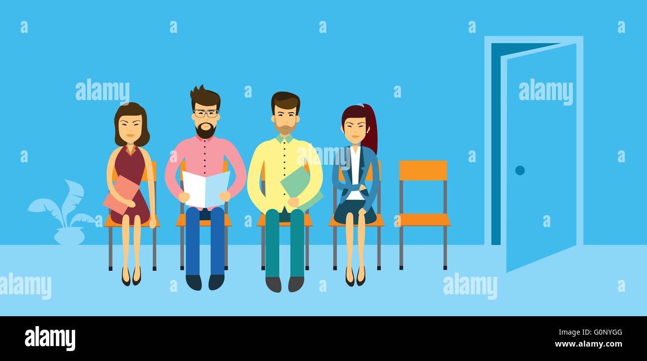 Asian Business People Group Sitting In Line Queue Door Asia ...