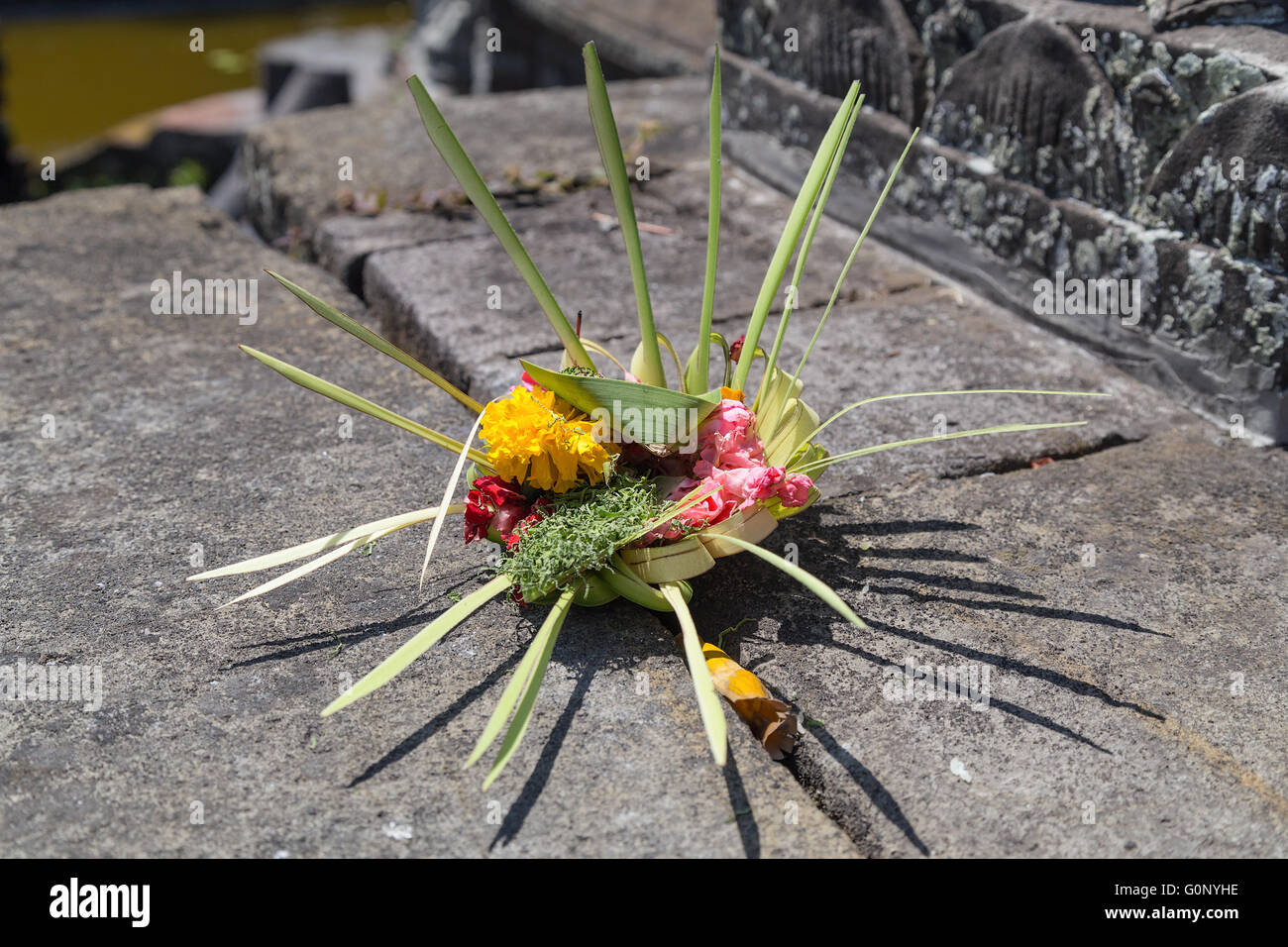 Traditional balinese offerings to gods in Bali with flowers Stock Photo ...