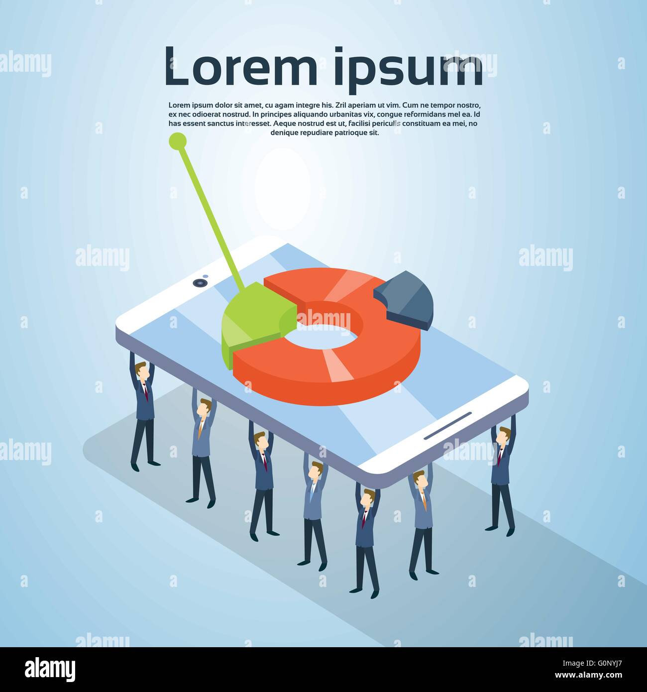 Business People Group Hold Cell Smart Phone With Pie Diagram Finance ...