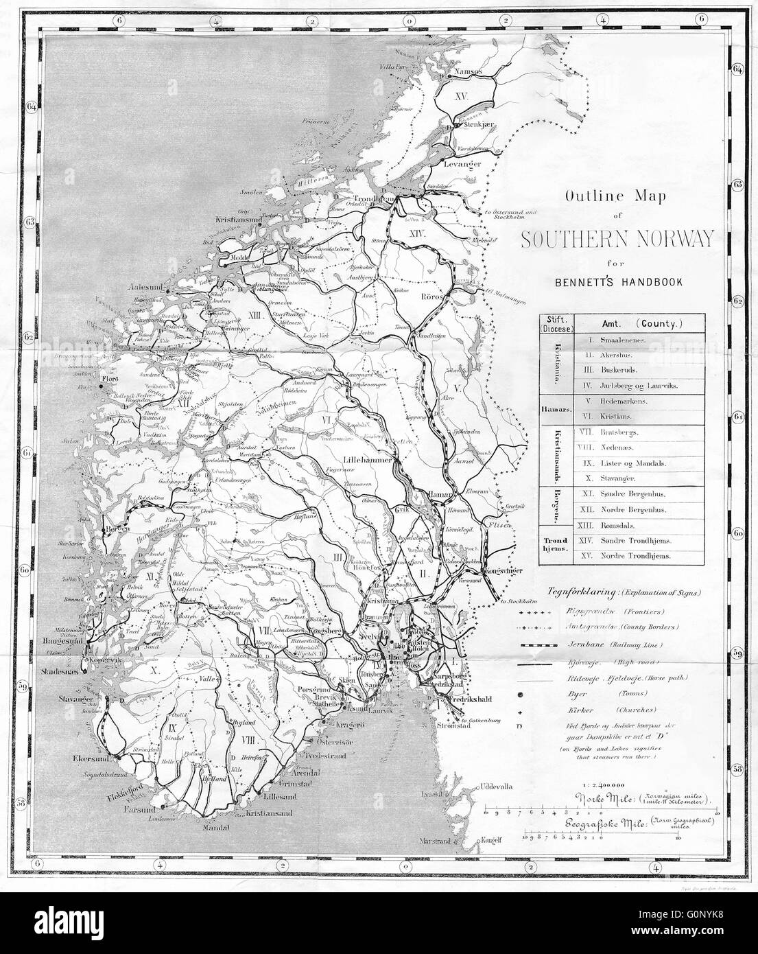 SOUTHERN NORWAY showing railways & Rideveje Fjeldveje (horse paths ...