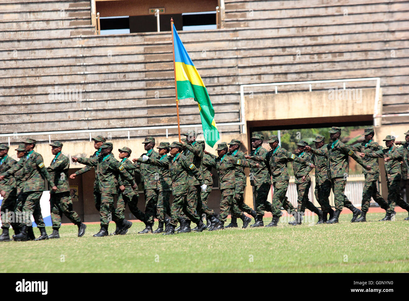 A formation of Rwandan soldiers parade during the launch of the 9th ...