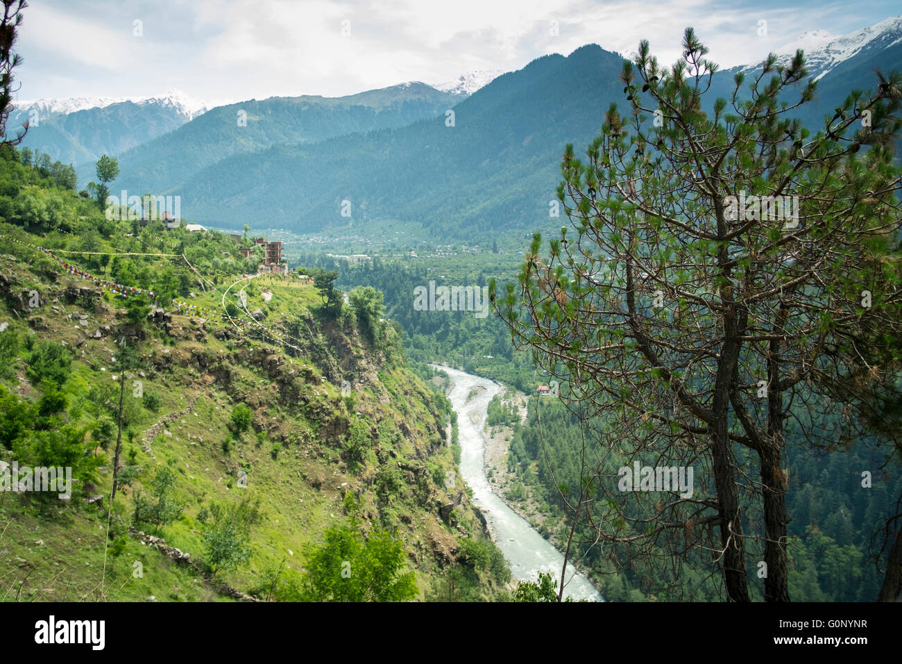 River Beas flows in its valley as seen from a hill top near Manali ...