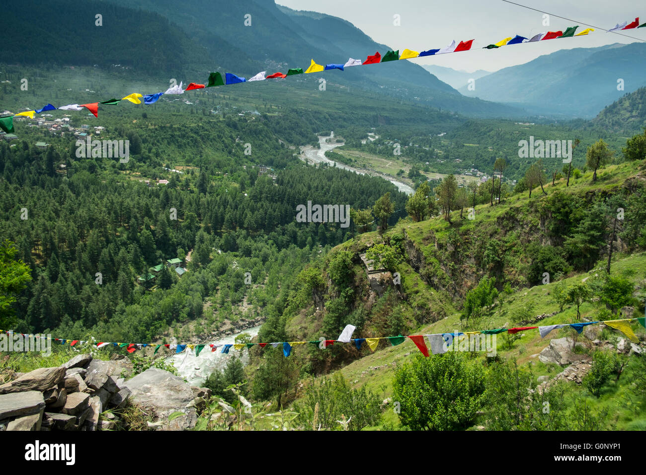 Tibetan Buddhist prayer flags sway in the breeze over the Bear River ...