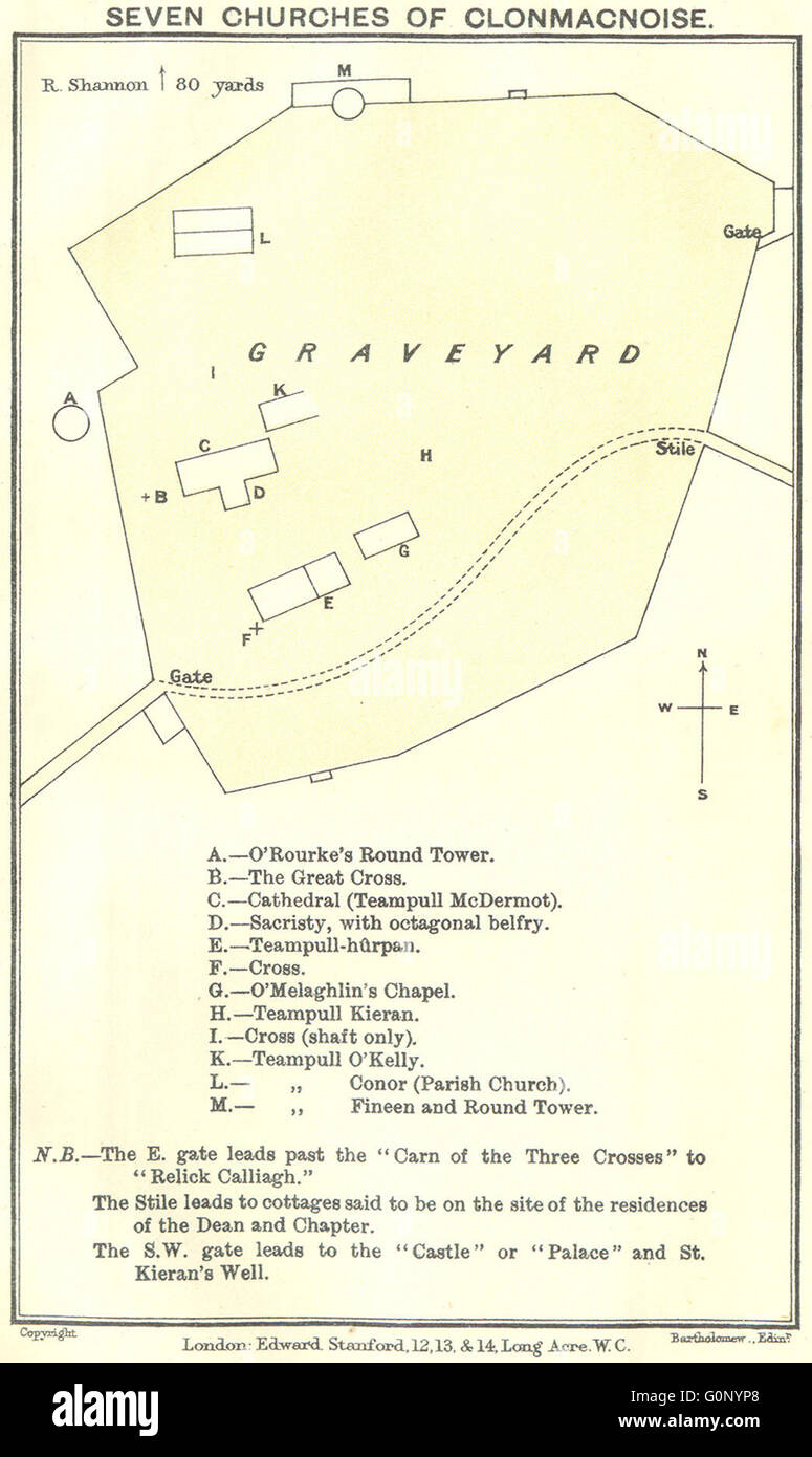 IRELAND: Athlone to Clonmacnoise: 7 Churches of, 1912 antique map Stock ...