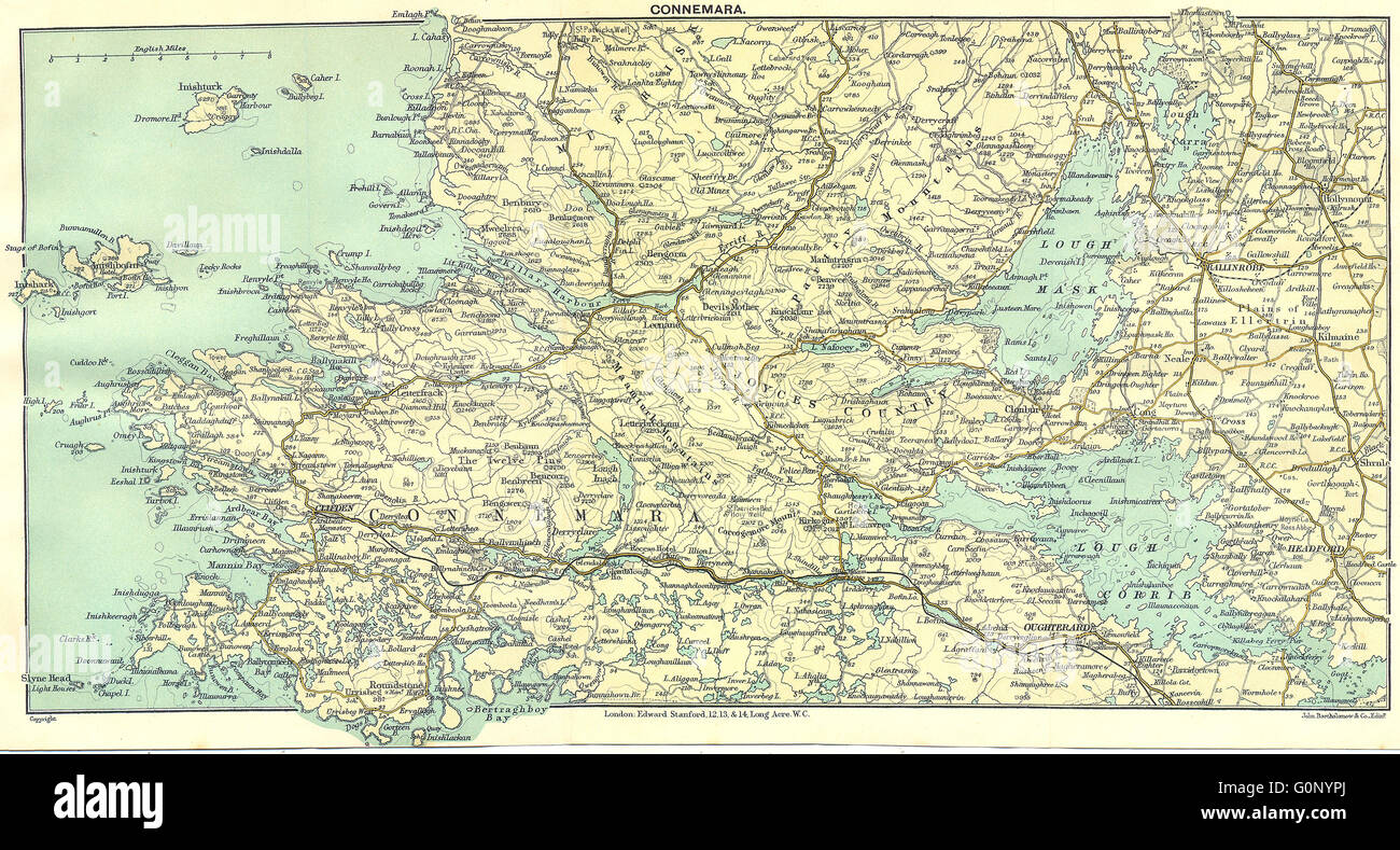 IRELAND: Galway to Clifden: Connemara, 1912 antique map Stock Photo - Alamy