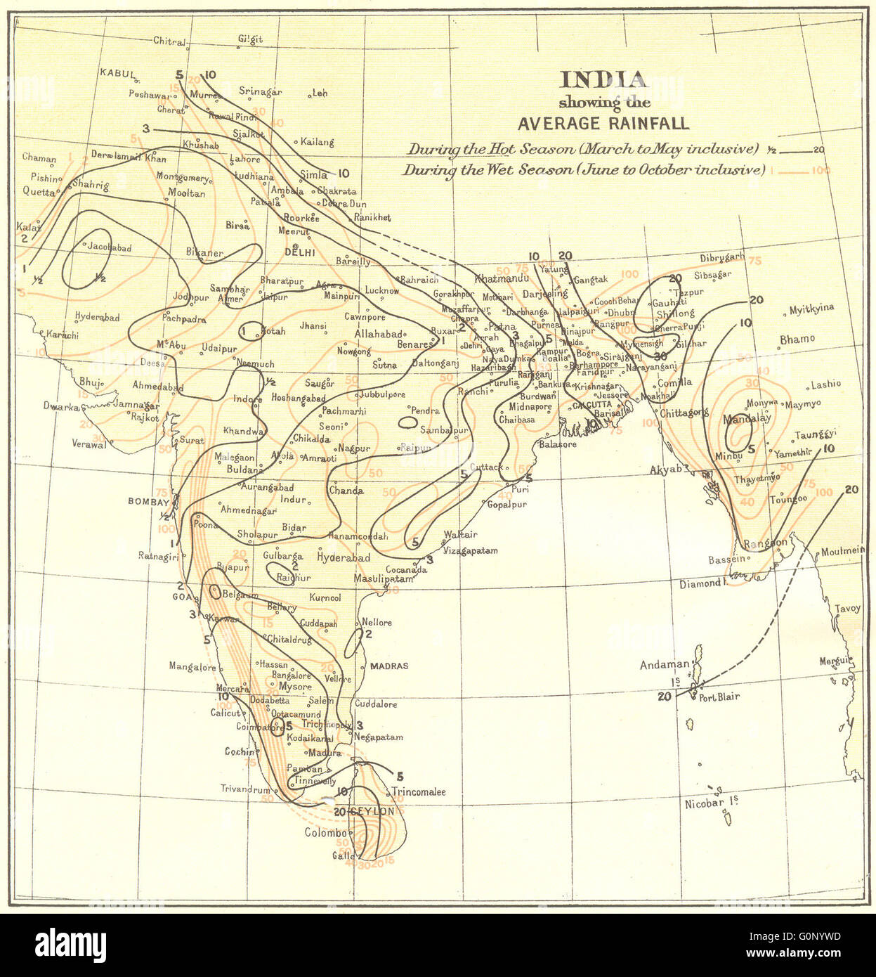 INDIA: showing average Rainfall during Monsoon & dry seasons. Isohyets ...