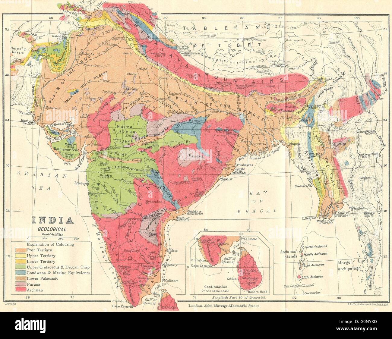 INDIA: Geological map. Tertiary Cretaceous Archaean Purana Gondwana ...