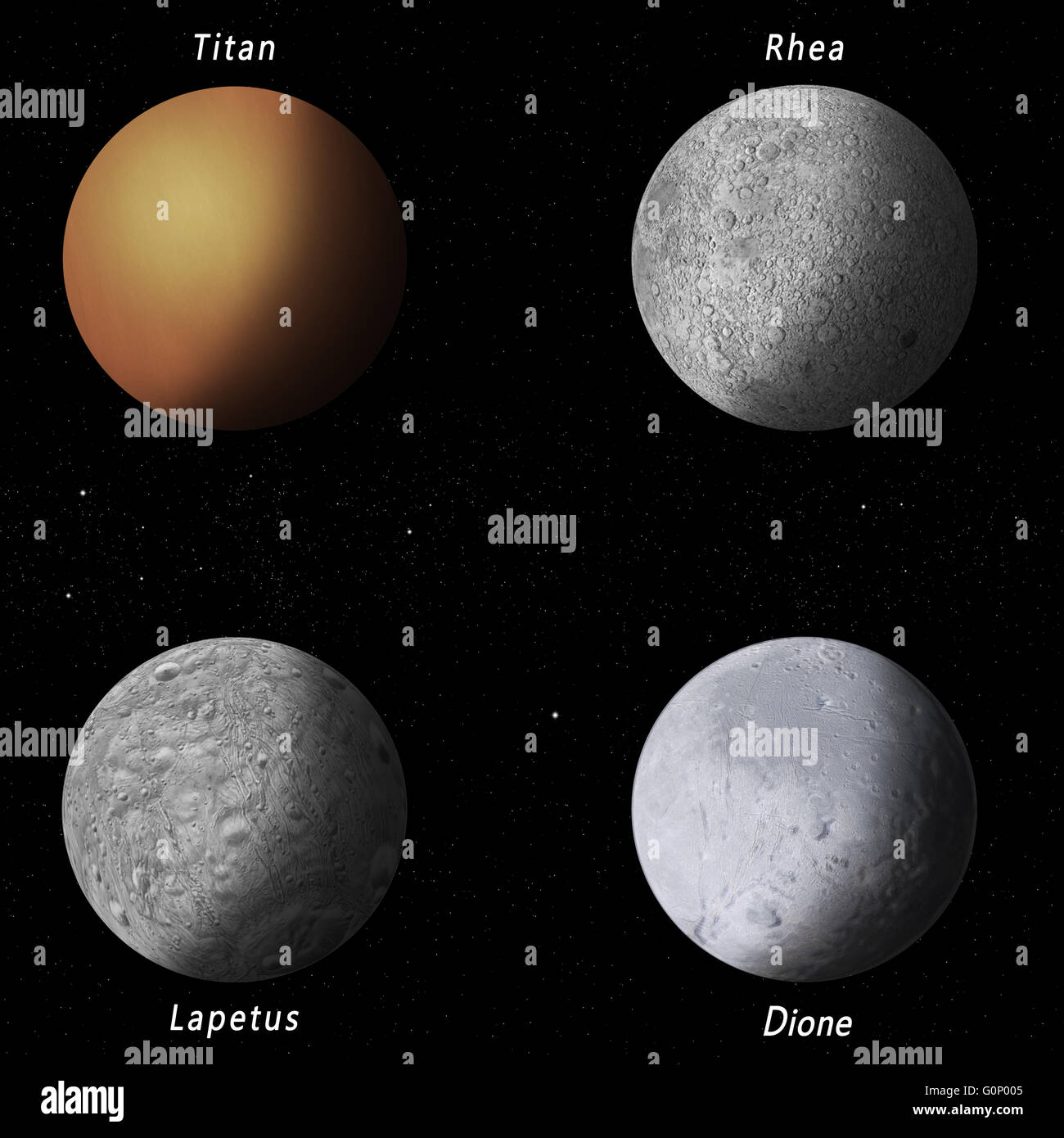 imaginary illustration of four best known Saturn moons Stock Photo - Alamy