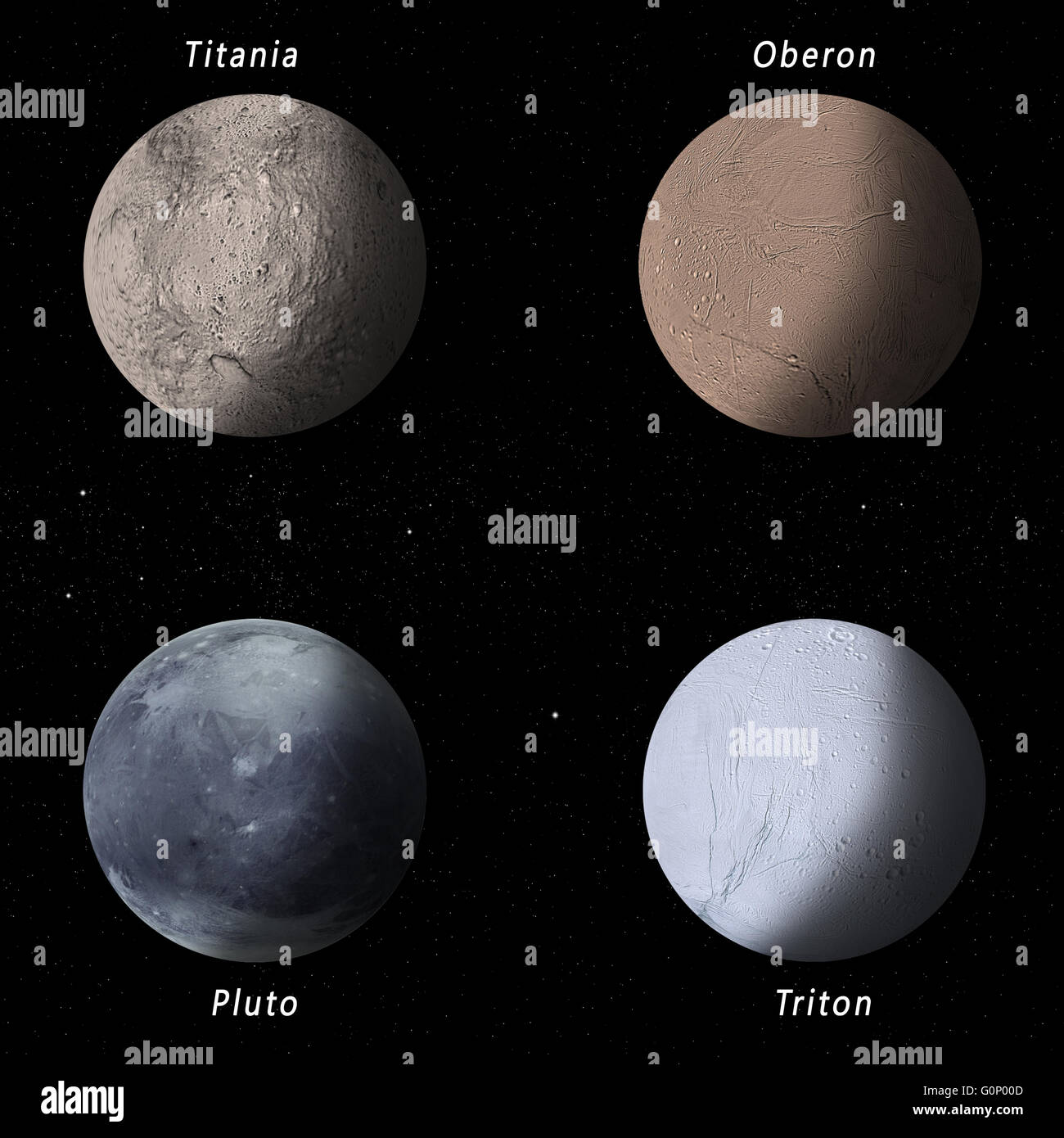 imaginary illustration of four best known space moons and dwarf pluto ...