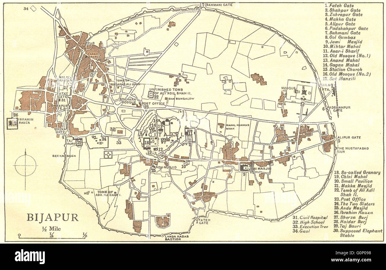 BRITISH INDIA: Bijapur city plan showing palaces/mahal mosques gates ...