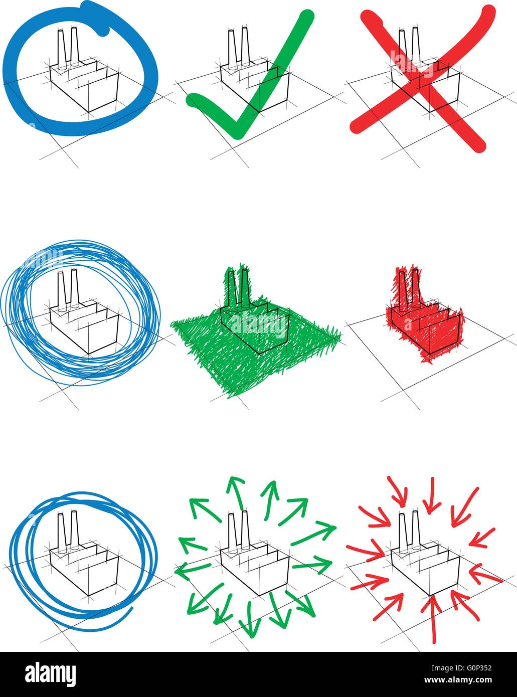 collection of nine design elements: hand drawn sketches over a factory ...
