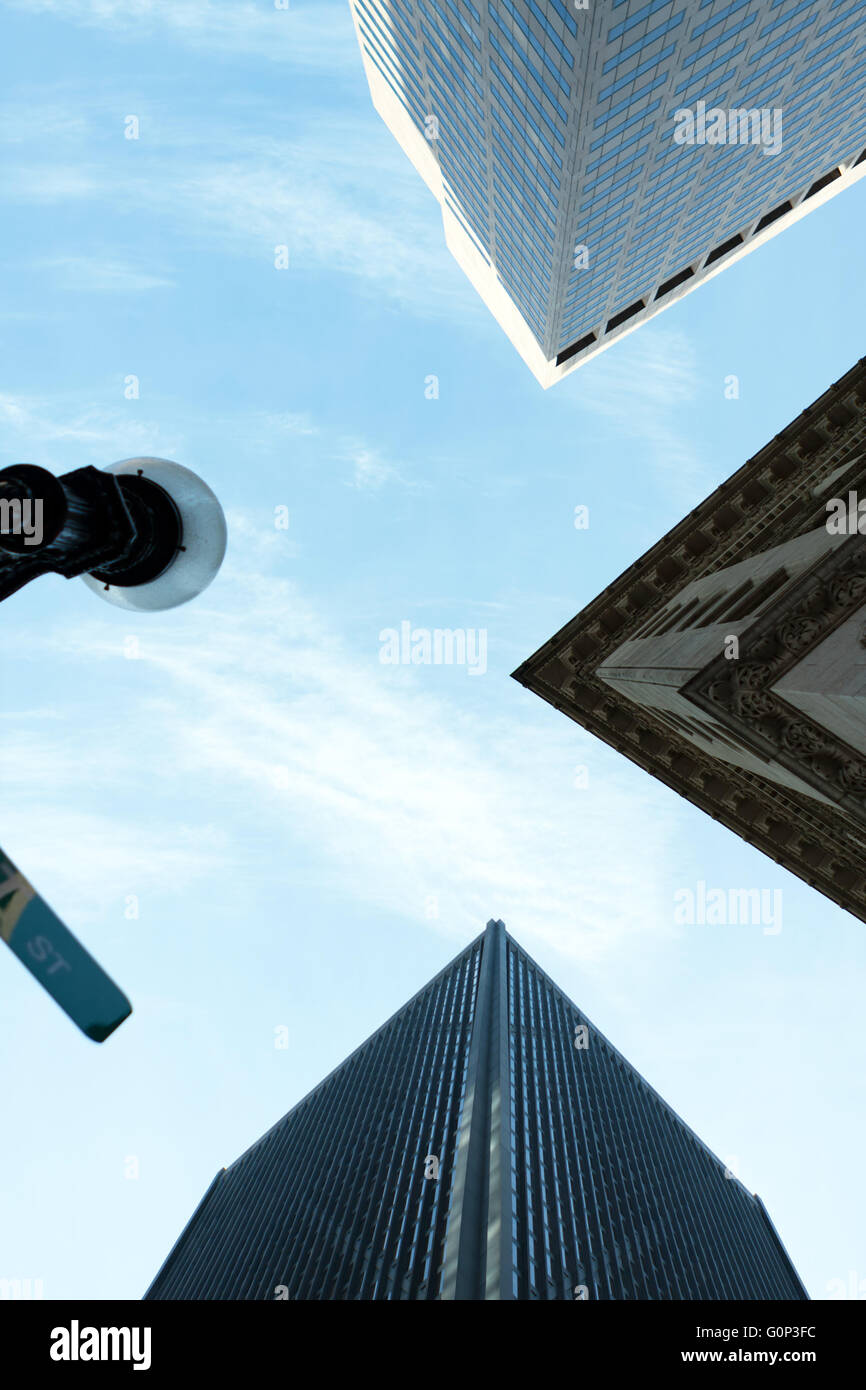 City skyscrapers and architecture from below over a blue sky Stock ...