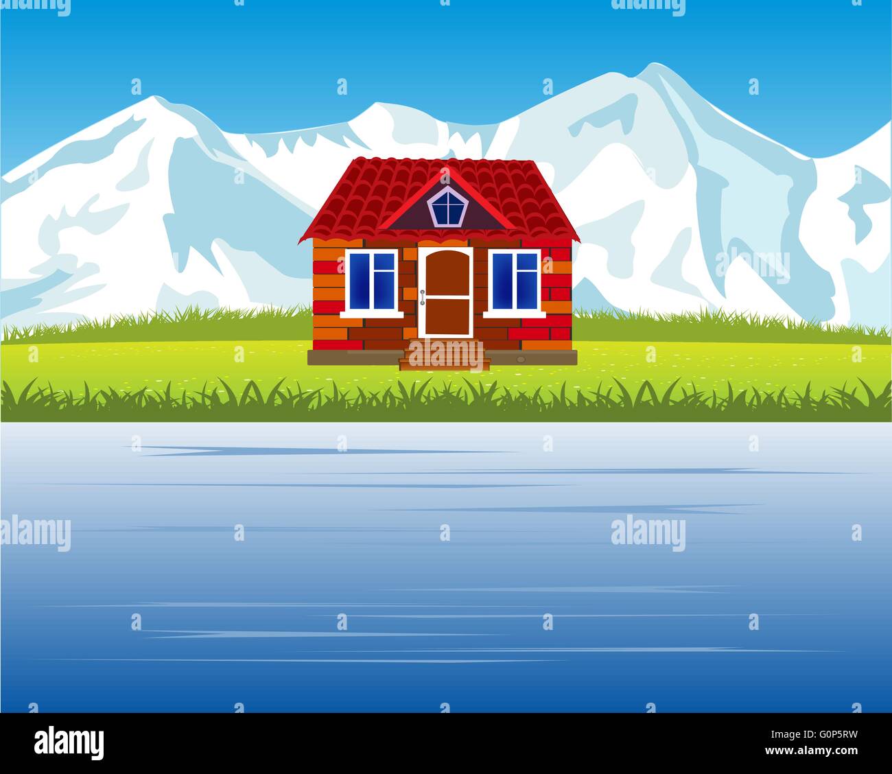 The Landscape with mountain and riverside lodge.Vector illustration ...