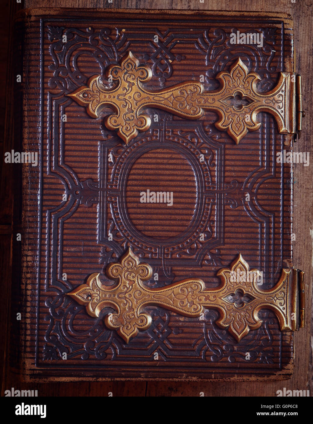 top view of antique book cover, with brass clasps. vintage filtered ...