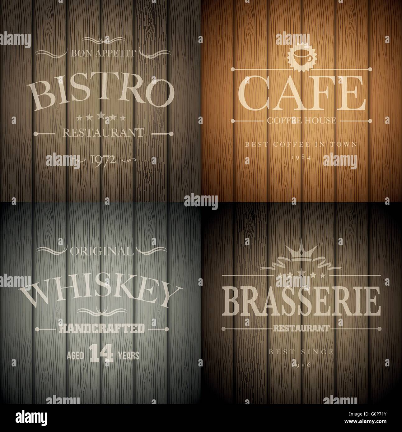 Bistro, cafe, brasserie and whiskey emblem templates on wooden ...