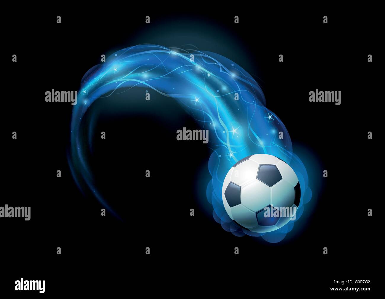 Soccer ball in blue flames and lights against black background. Vector ...