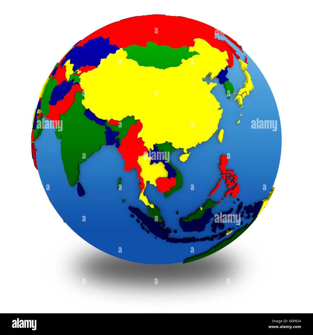 Asia on political 3D model of Earth with embossed continents and ...