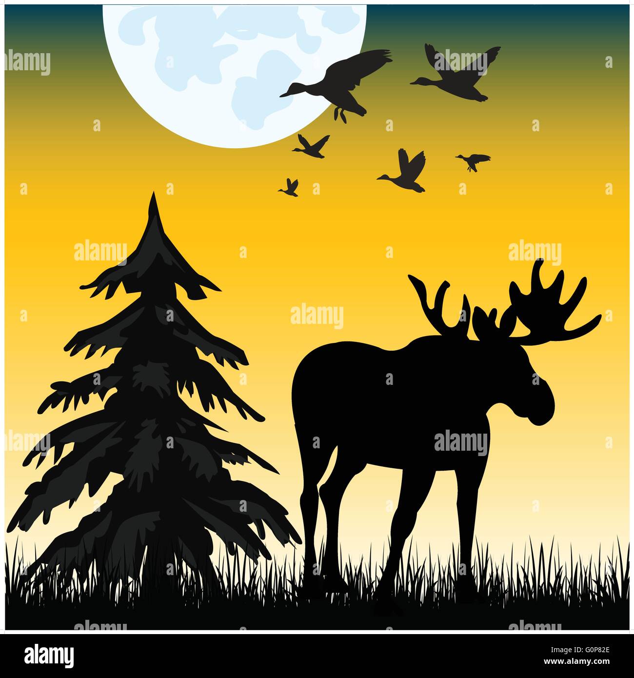 The Silhouette moose on glade in the night.Vector illustration Stock ...