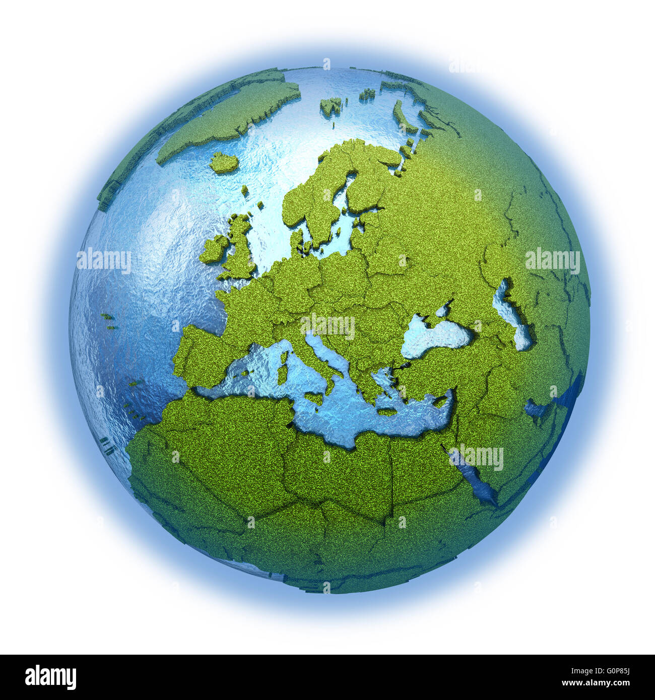 Europe on 3D model of planet Earth with grassy continents with embossed ...